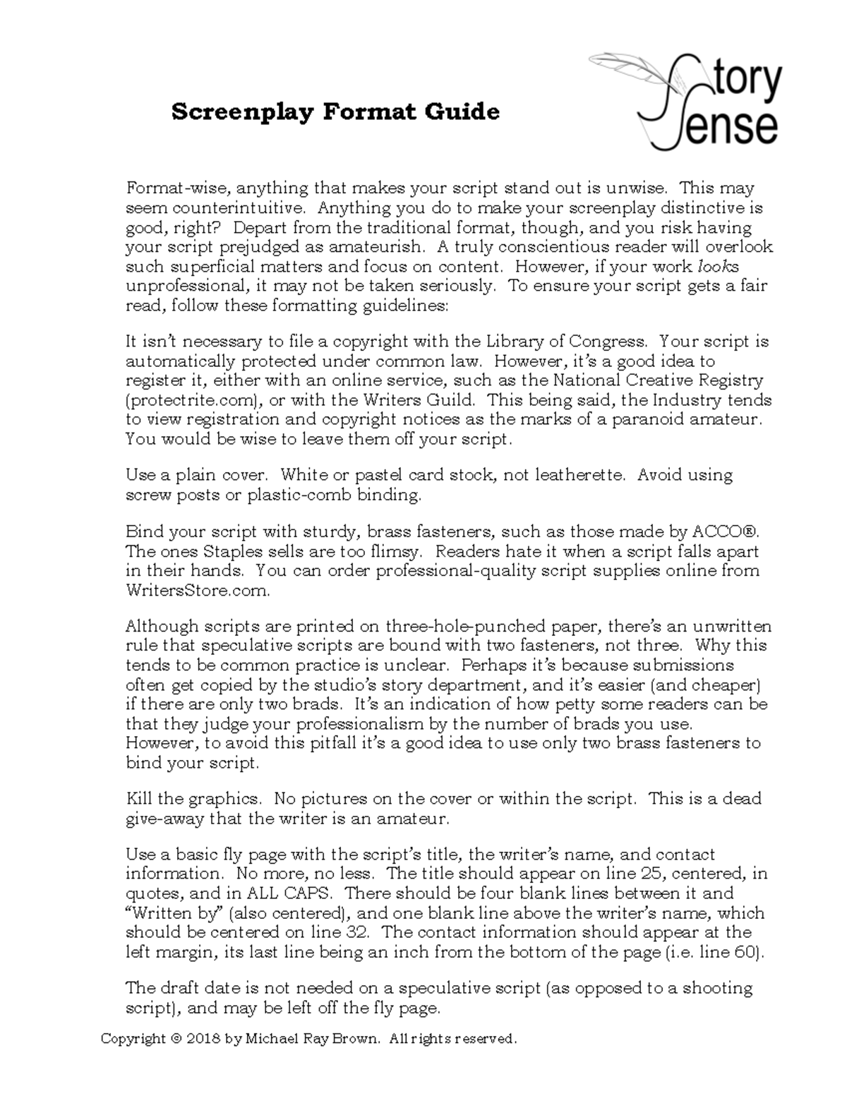 Story Sense and how to write scripts - Copyright Ó 2018 by Michael Ray ...