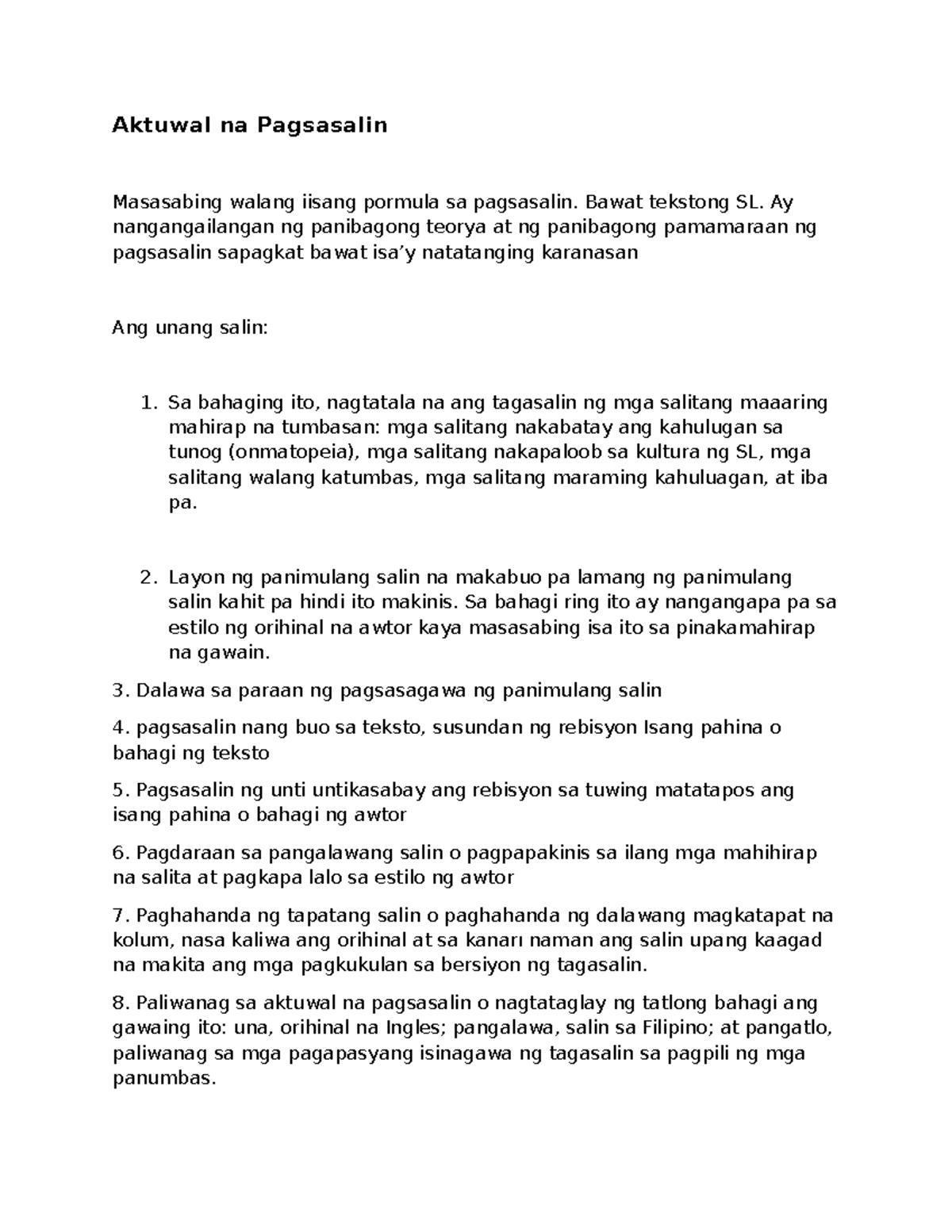 Document-2-5 - Aktuwal na Pagsasalin Masasabing walang iisang pormula ...