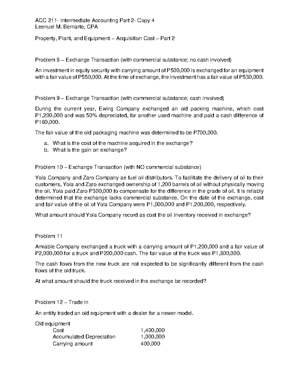 Copy 4 Sample Problems for PPE Acquisitions Part 2 - ACC 211- Intermediate Accounting Part 2 ...