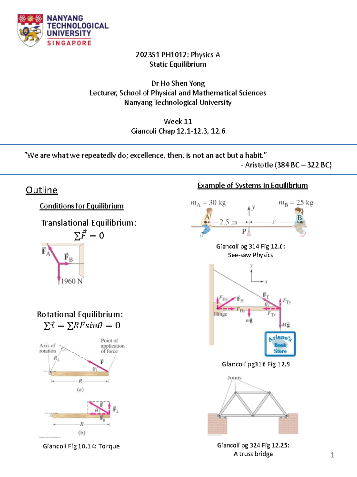11 Static equilibrium - Online assignment - Outline Conditions for Equilibrium Translational ...