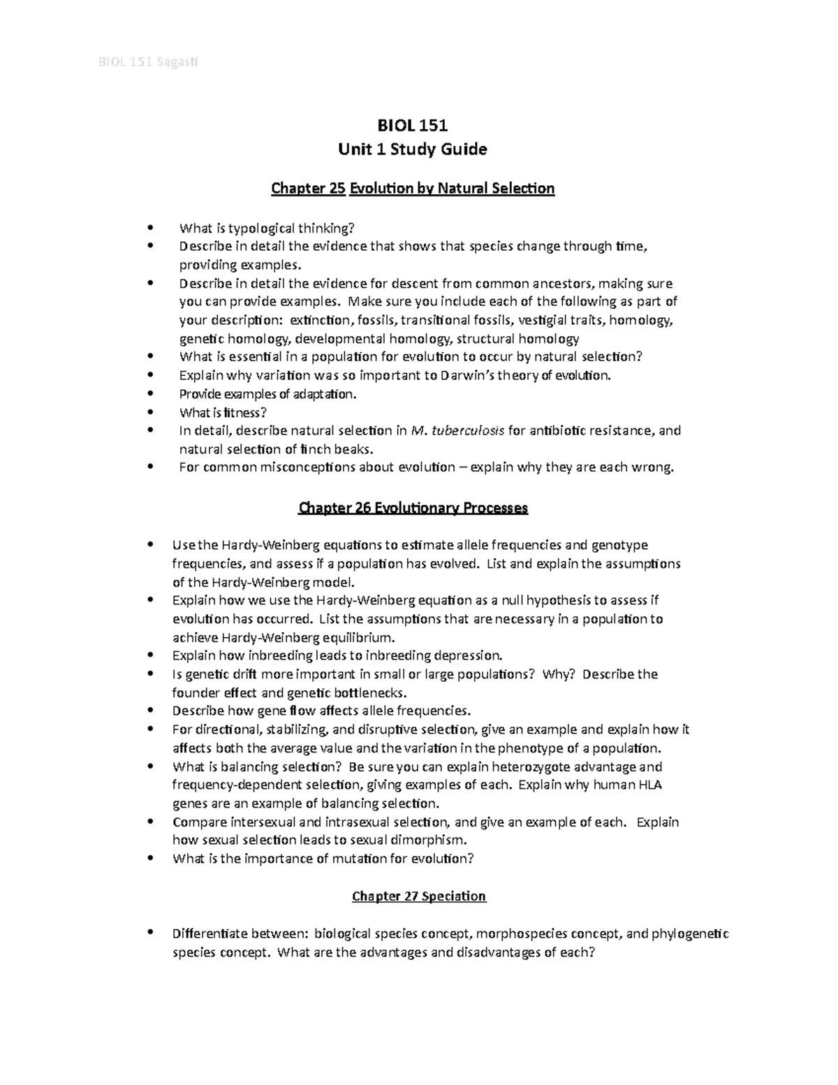 Unit 1 evolution study guide - BIOL 151 Sagast BIOL 151 Unit 1 Study ...