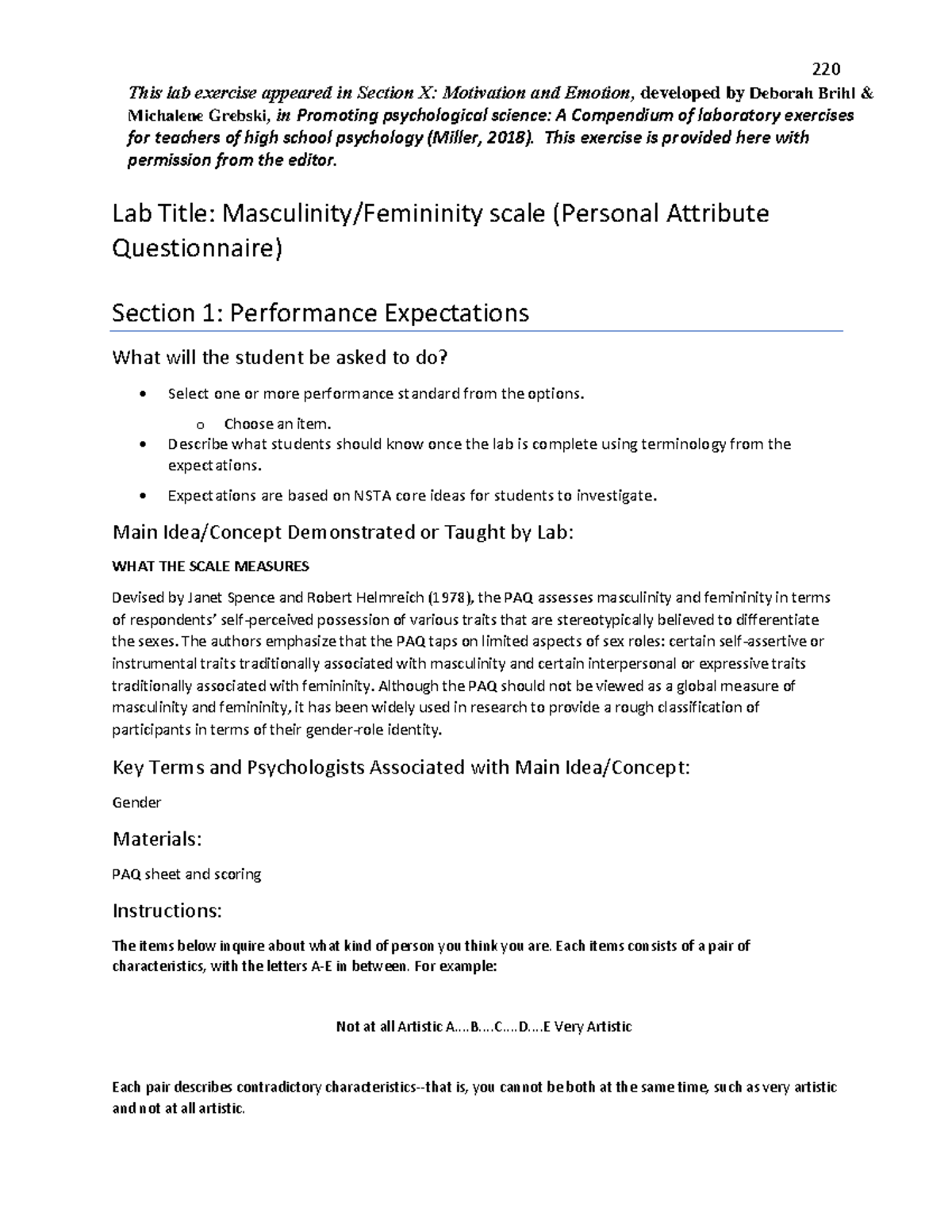 Self concept questionnaire - This lab exercise appeared in Section X ...