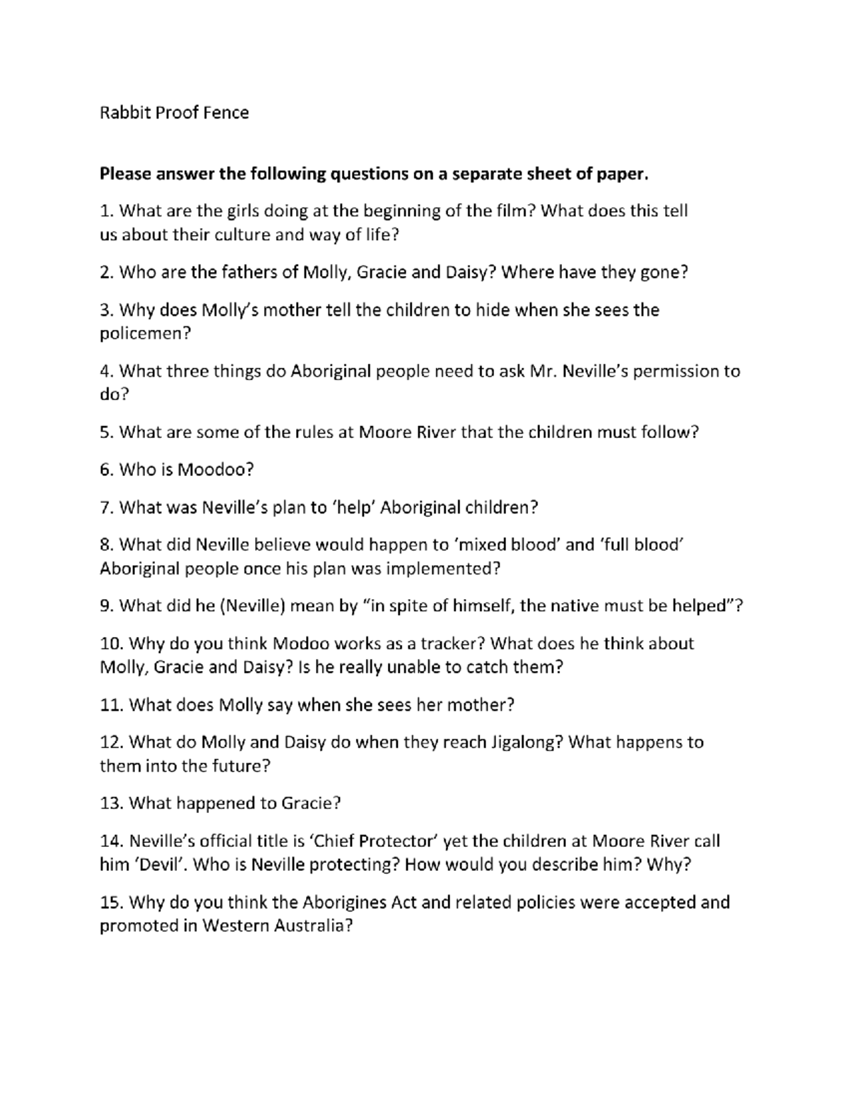 Attachment PDF Rabbit Proof Fence Questions - Rabbit Proof Fence Please ...