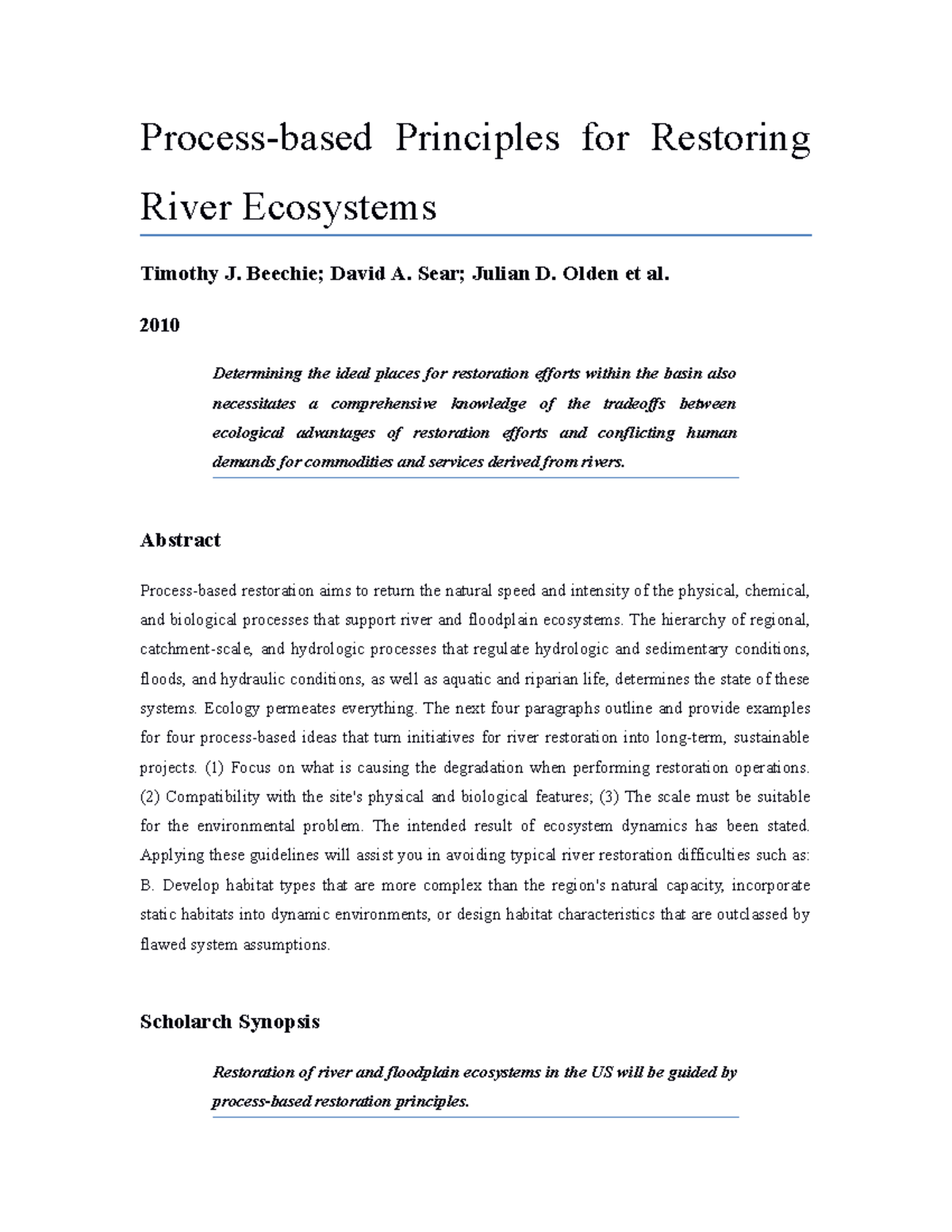 1. Process-based Principles for Restoring River Ecosystems - Process ...