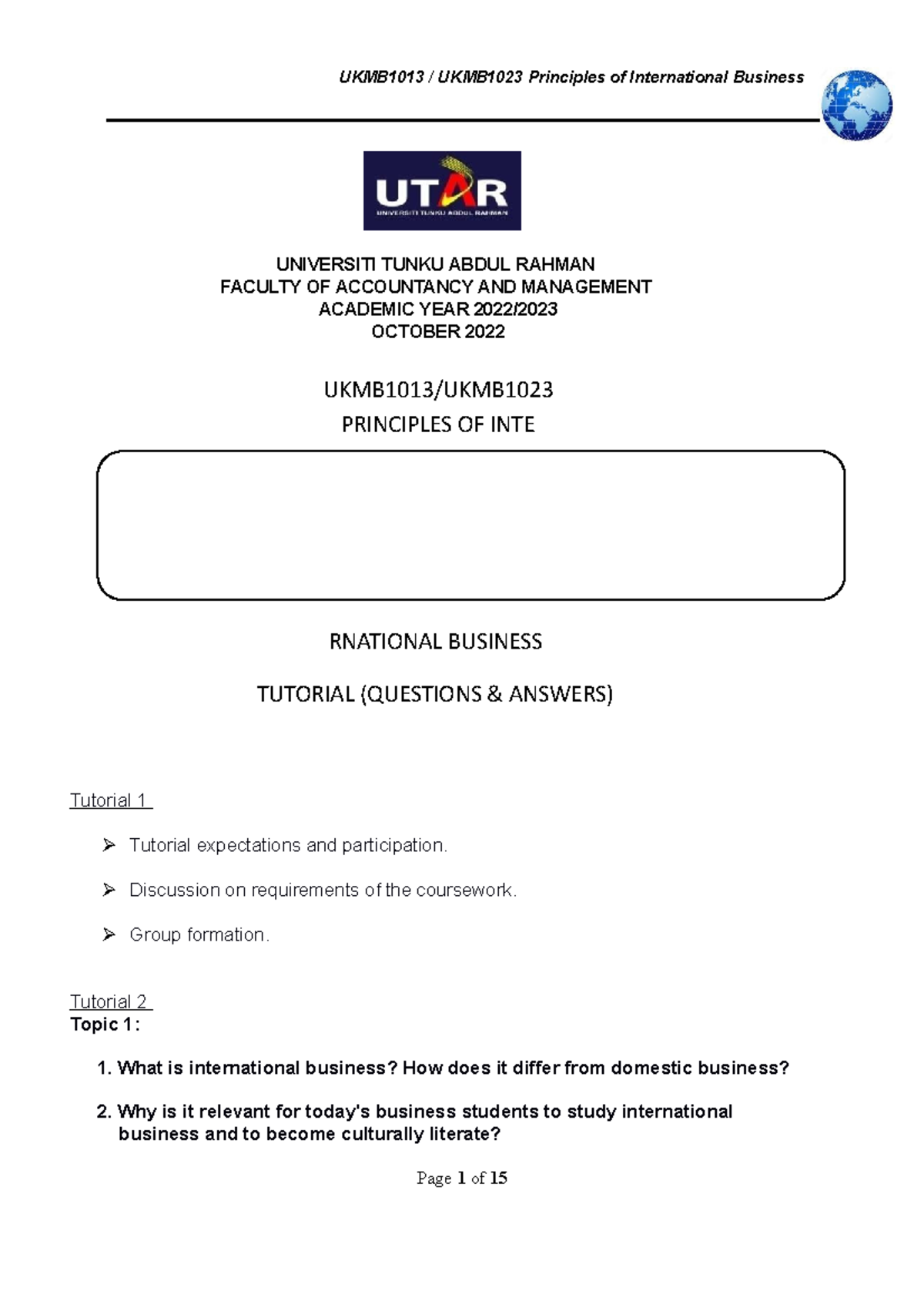 Tutorial Questions - Copy - UNIVERSITI TUNKU ABDUL RAHMAN FACULTY OF ...