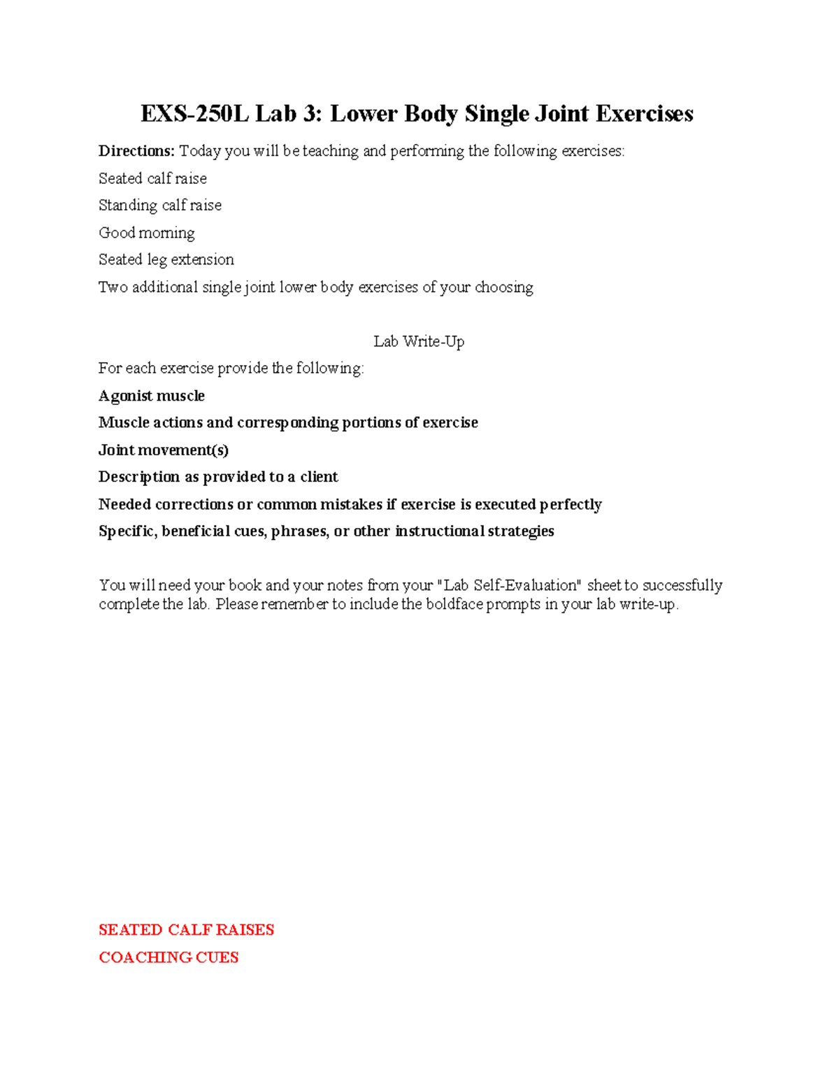 LAB 3- Lower BODY Single Joint Exercises - EXS-250L Lab 3: Lower Body ...