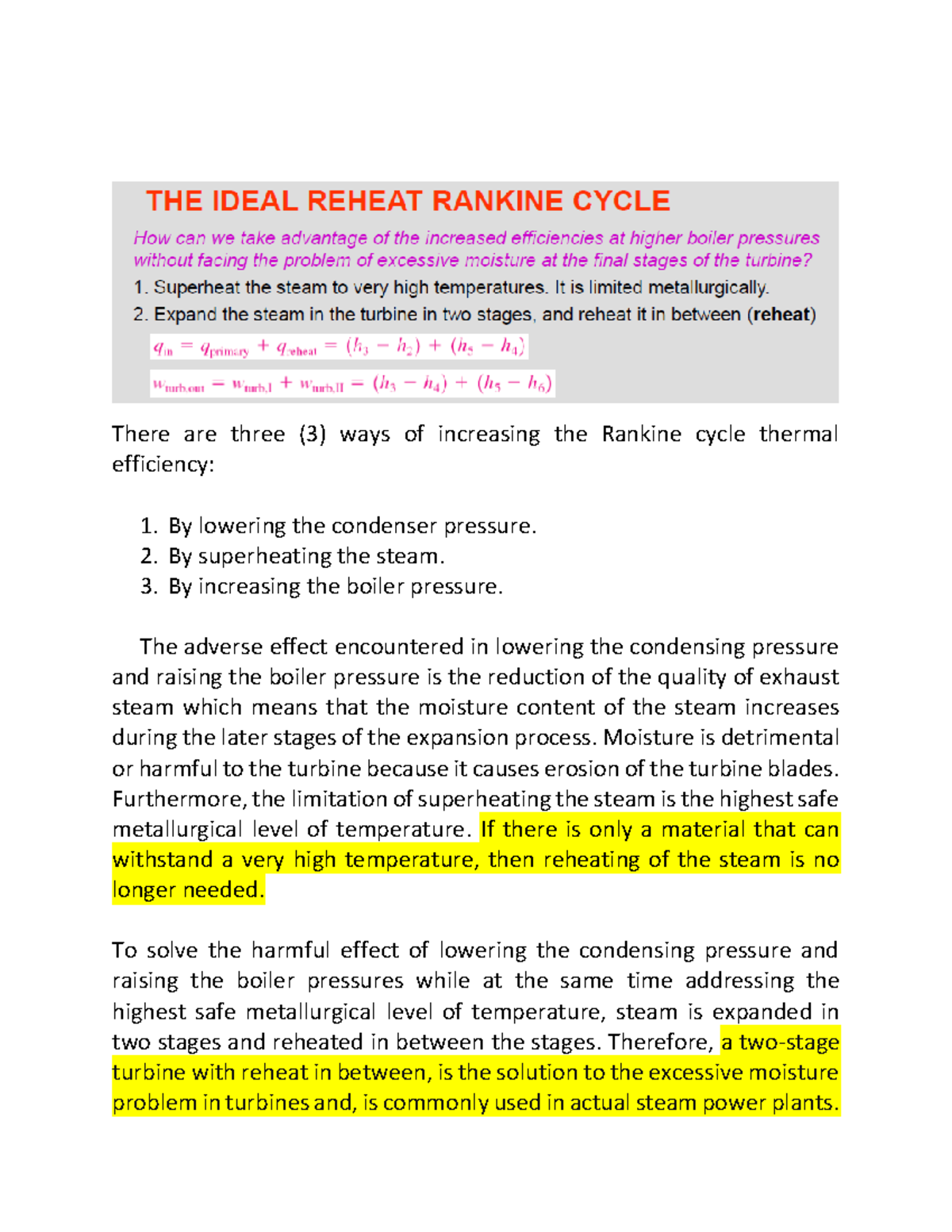 Reheat Cycle Lecture Materials - There are three (3) ways of increasing ...
