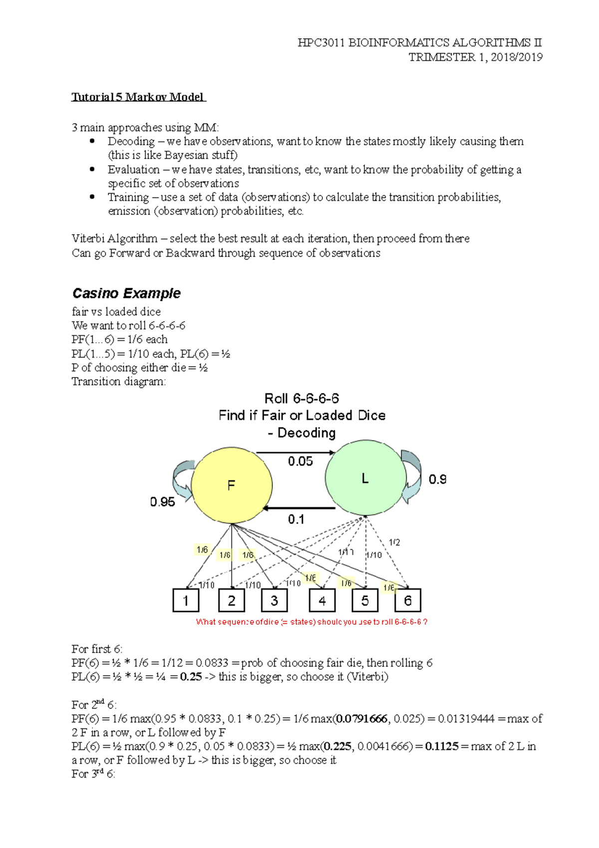 224959 Tutorial 5 Hmm Hpc3011 Bioinformatics Algorithms Ii Trimester 1 Tutorial 5 Markov