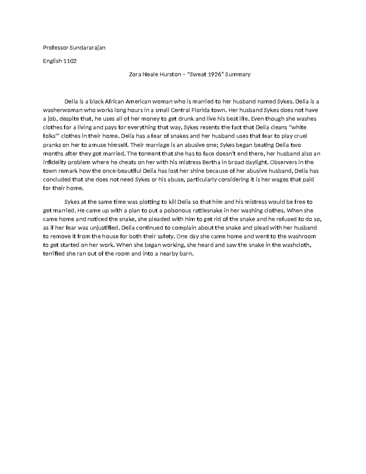 Zora Neale Hurston – “Sweat 1926” Summary - Professor Sundararajan ...