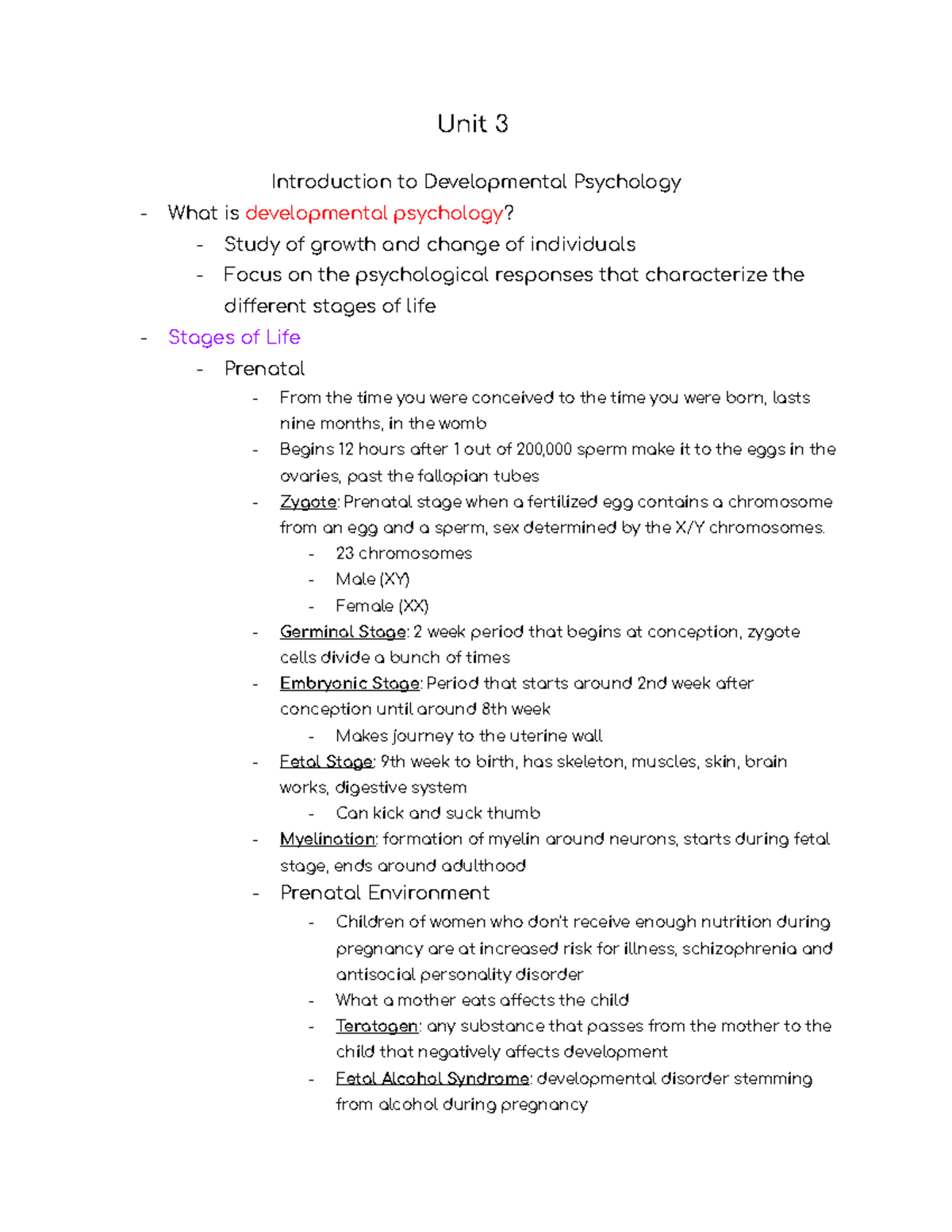 Psych Unit 3 Study Guide - Unit 3 Introduction to Developmental ...