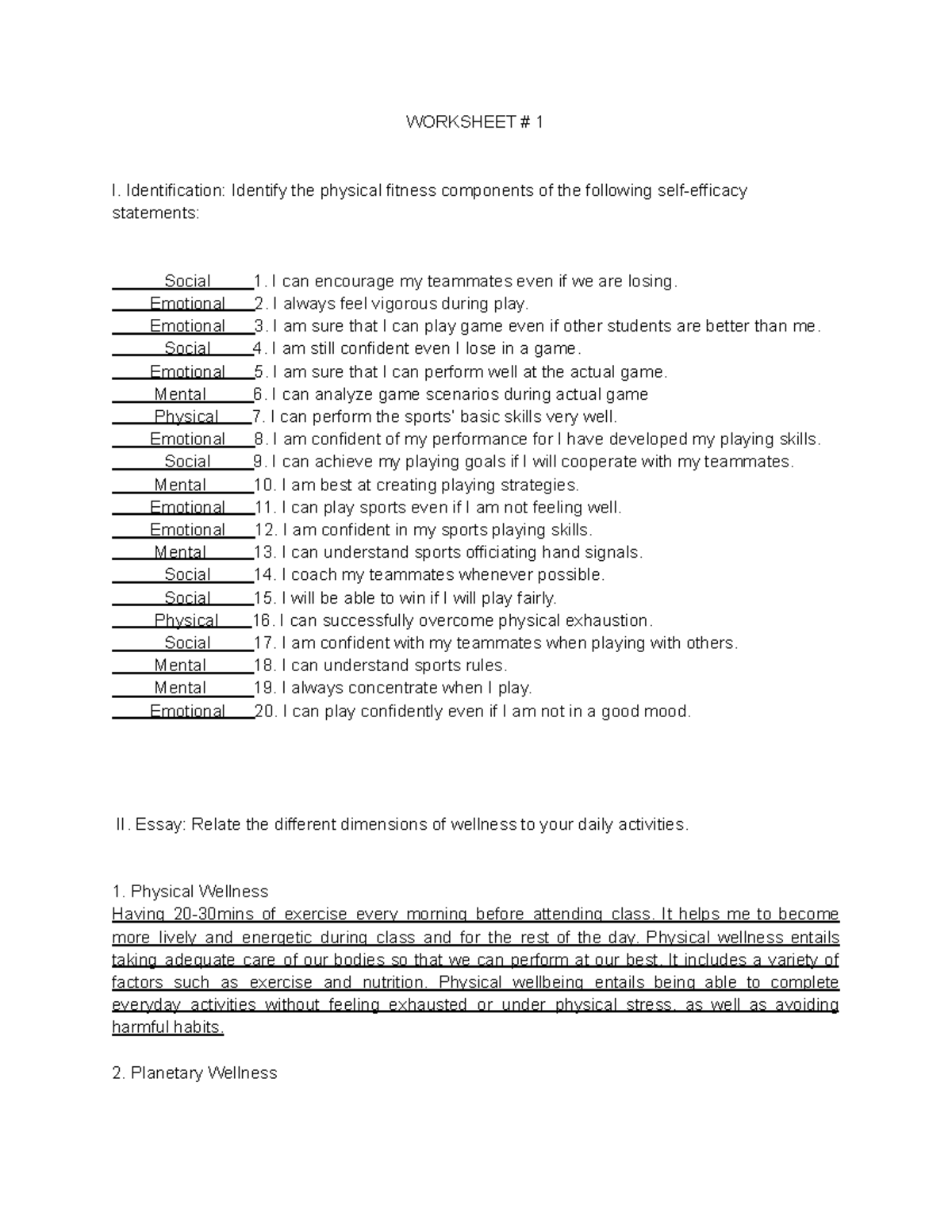 Worksheet for physical education health information - WORKSHEET # 1 I ...