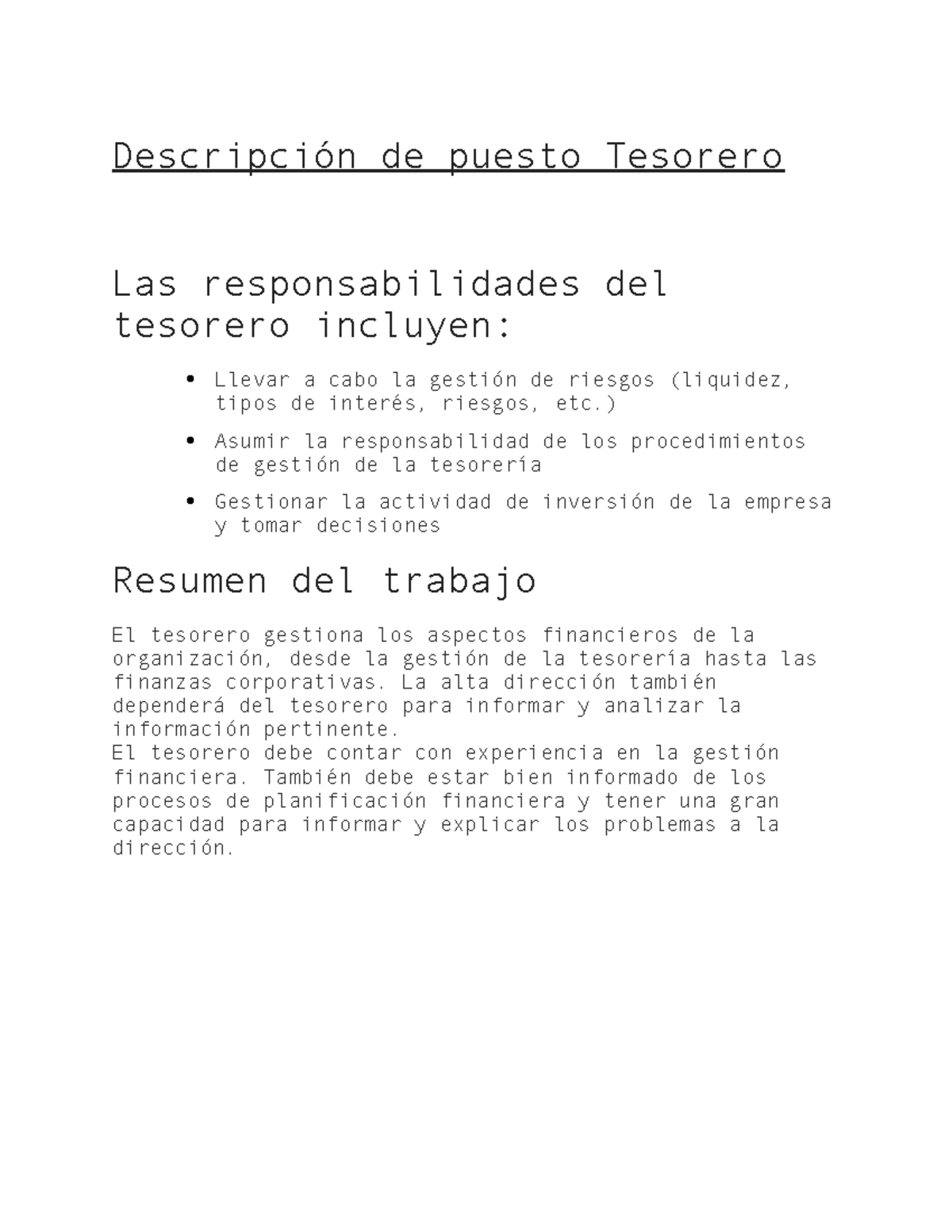 Descripción de puesto Tesorero - Depto Tesoreria - Descripción de ...