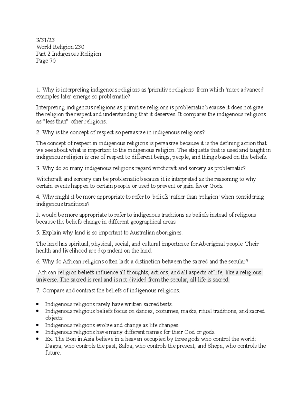 Indigenous 2 - Chapter 2 questions - 3/31/ World Religion 230 Part 2 ...