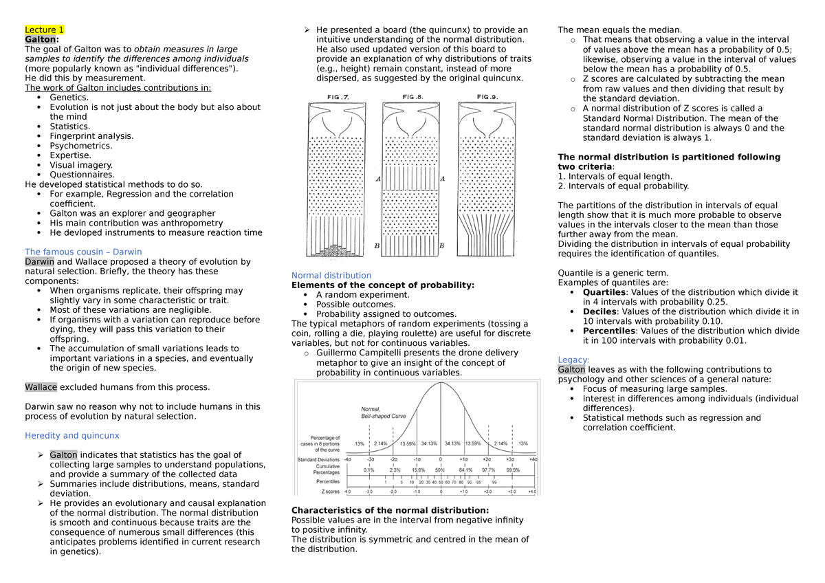 PSY173 Exam Notes 1 - Lecture 1 Galton: The goal of Galton was to ...