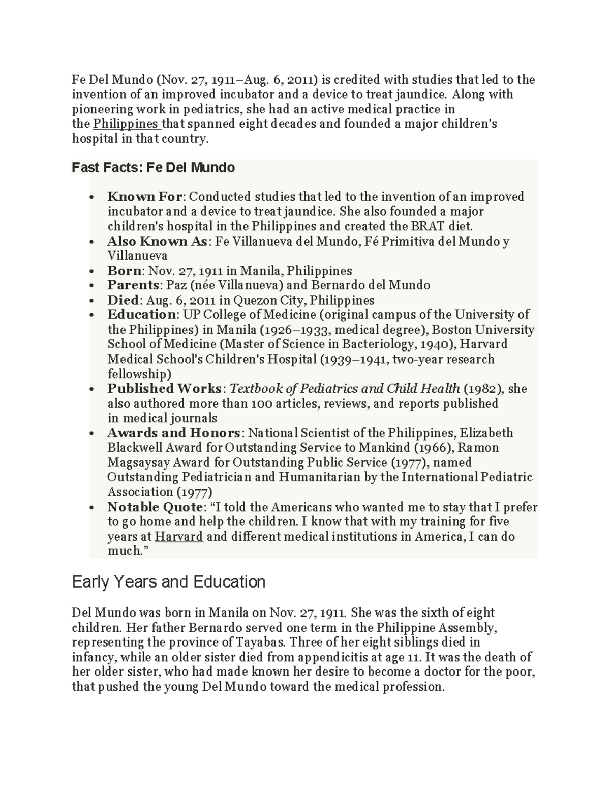 Fe Del Mundo - Performance Task - Fe Del Mundo (Nov. 27, 1911–Aug. 6 ...