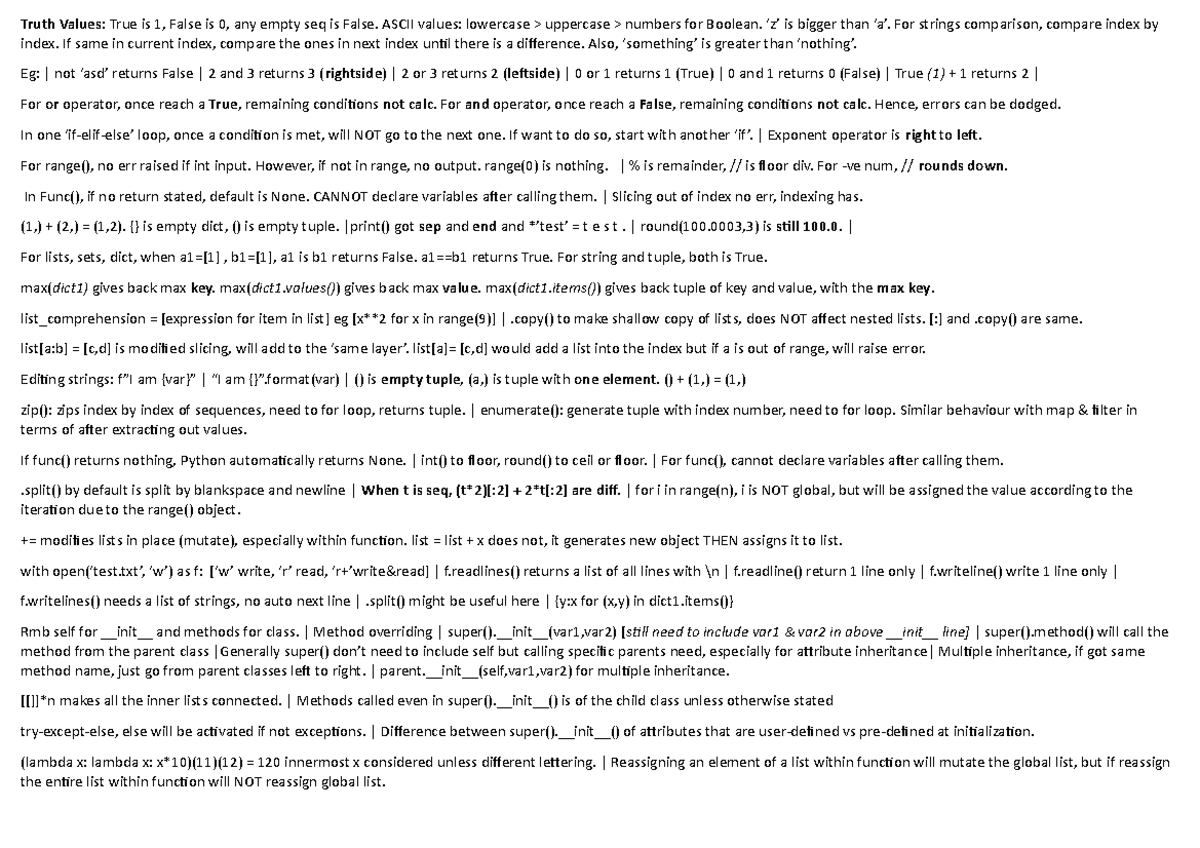 CS1010E AY2021S1 Finals Cheatsheet - Truth Values: True is 1, False is ...