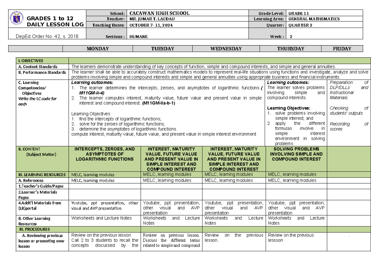 October 7- 11 - DLL - GRADES 1 to 12 DAILY LESSON LOG School: CACAWAN ...