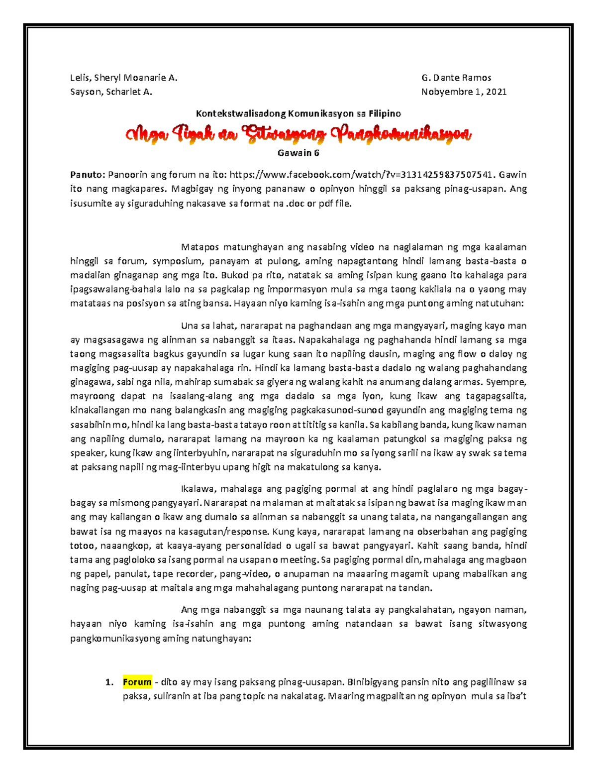 Lelis Sayson- Sitwasyong Pangkomunikasyon - Lelis, Sheryl Moanarie A. G ...