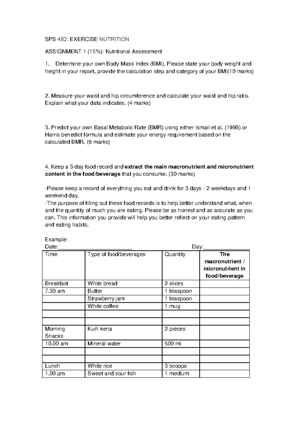 Document 2 - ass - SPS 482 : EXERCISE NUTRITION ASSIGNMENT 1 (1 5 % ...