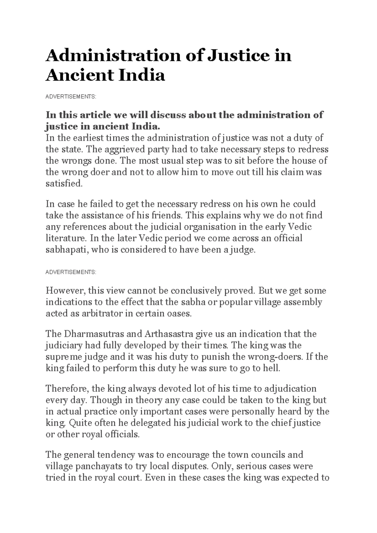 Administration of Justice in Ancient India - In the earliest times the ...