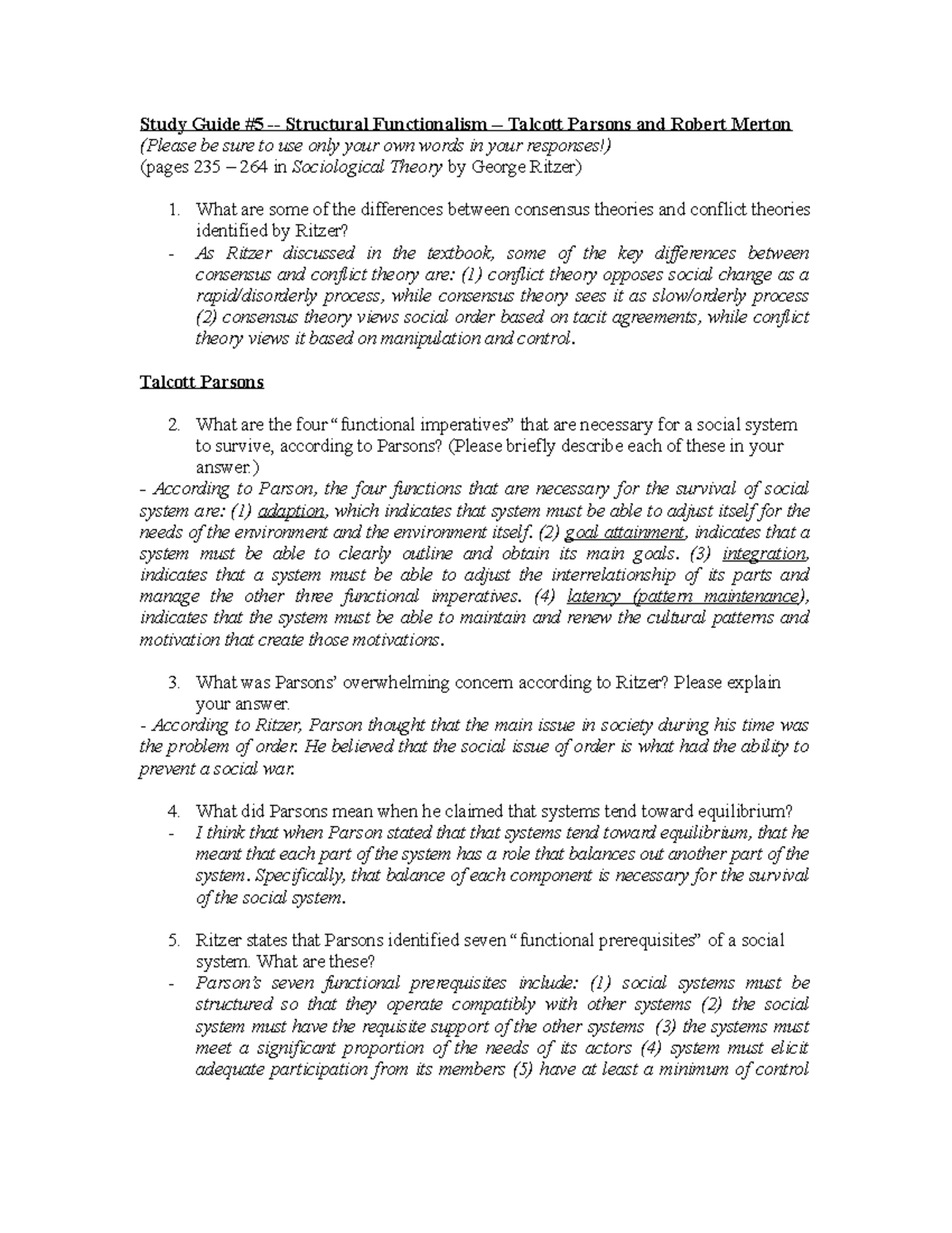 Study Guide 5 Functionalism - Study Guide #5 - Structural Functionalism ...