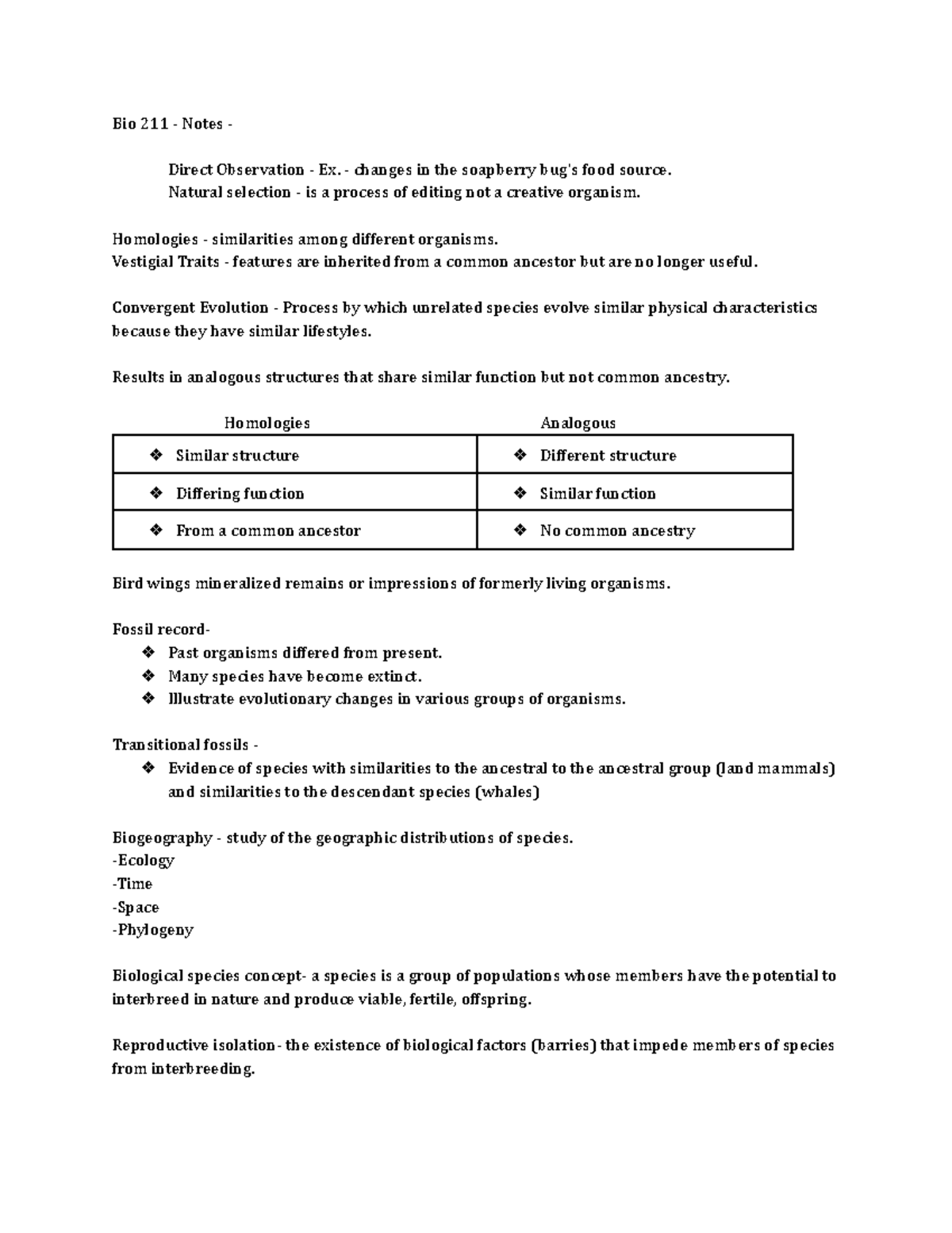 Bio 211 - Notes - Bio 211 - Notes - Direct Observation - Ex. - changes ...