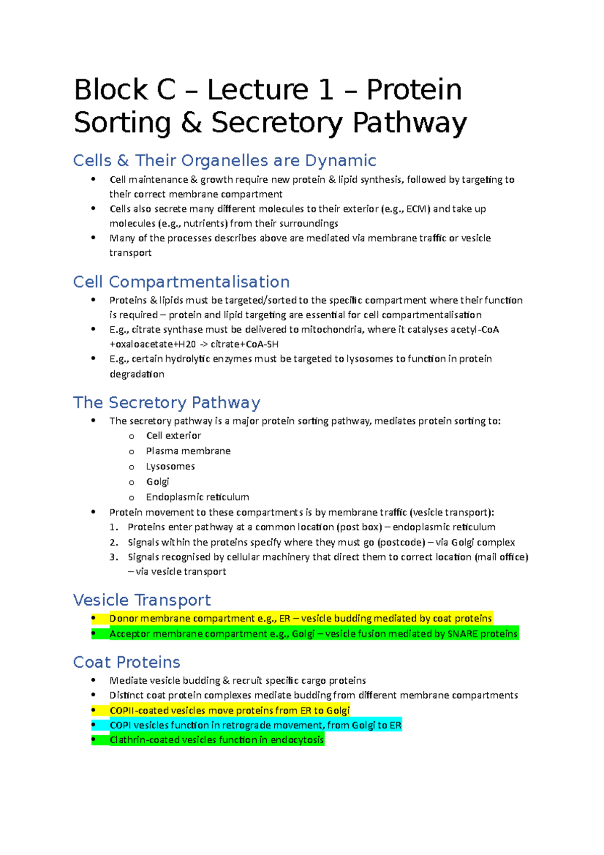 Block C - Lecture 1 - Protein Sorting & Secretory Pathway - Block C – Lecture 1 – Protein ...