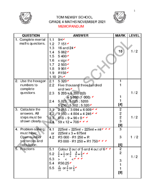 Grade 4 Maths Exam November 2021 - TOM NEWBY SCHOOL GRADE 4 MATHEMATICS ...