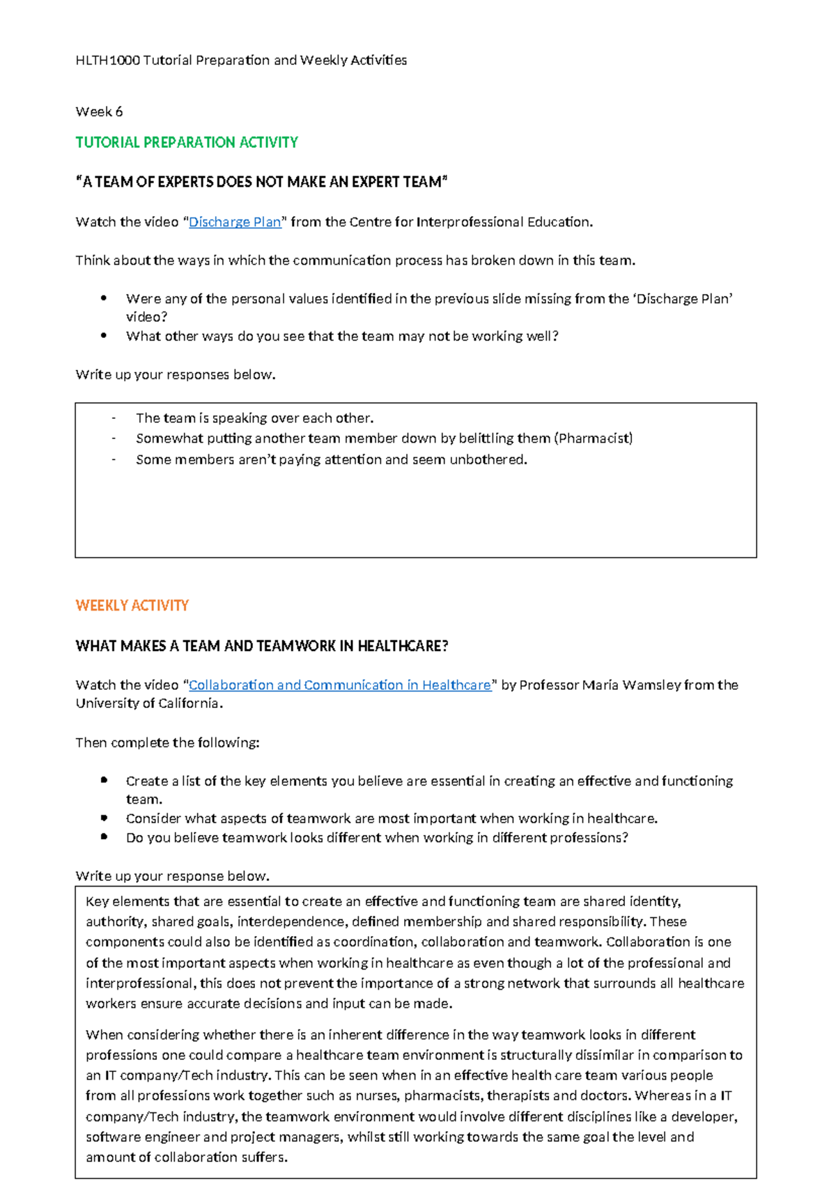 Week 6 tutorial preparation and weekly activities 101 - HLTH1000 ...