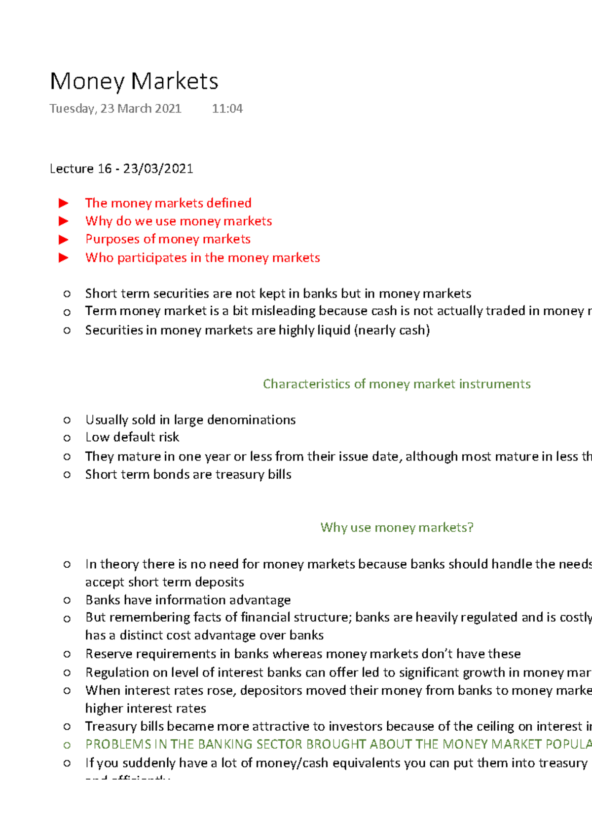 Money Markets - unit 9 - Lecture 16 -23/03/ The money markets defined ...