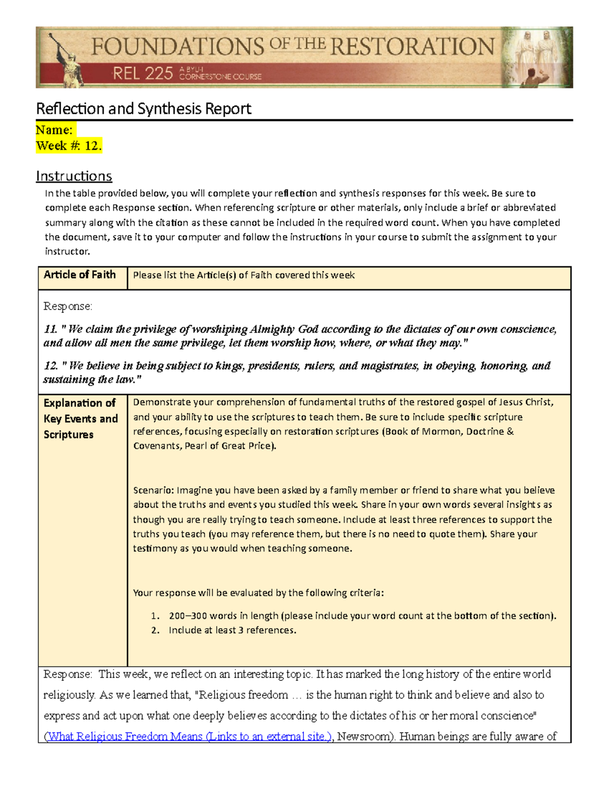 WEEK 12 - Reflection - Reflection and Synthesis Report Name: Week #: 12 ...