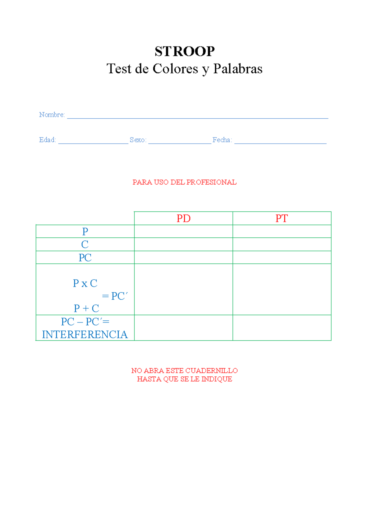 Test Stroop Test de Colores y Palabras - STROOP Test de Colores y ...