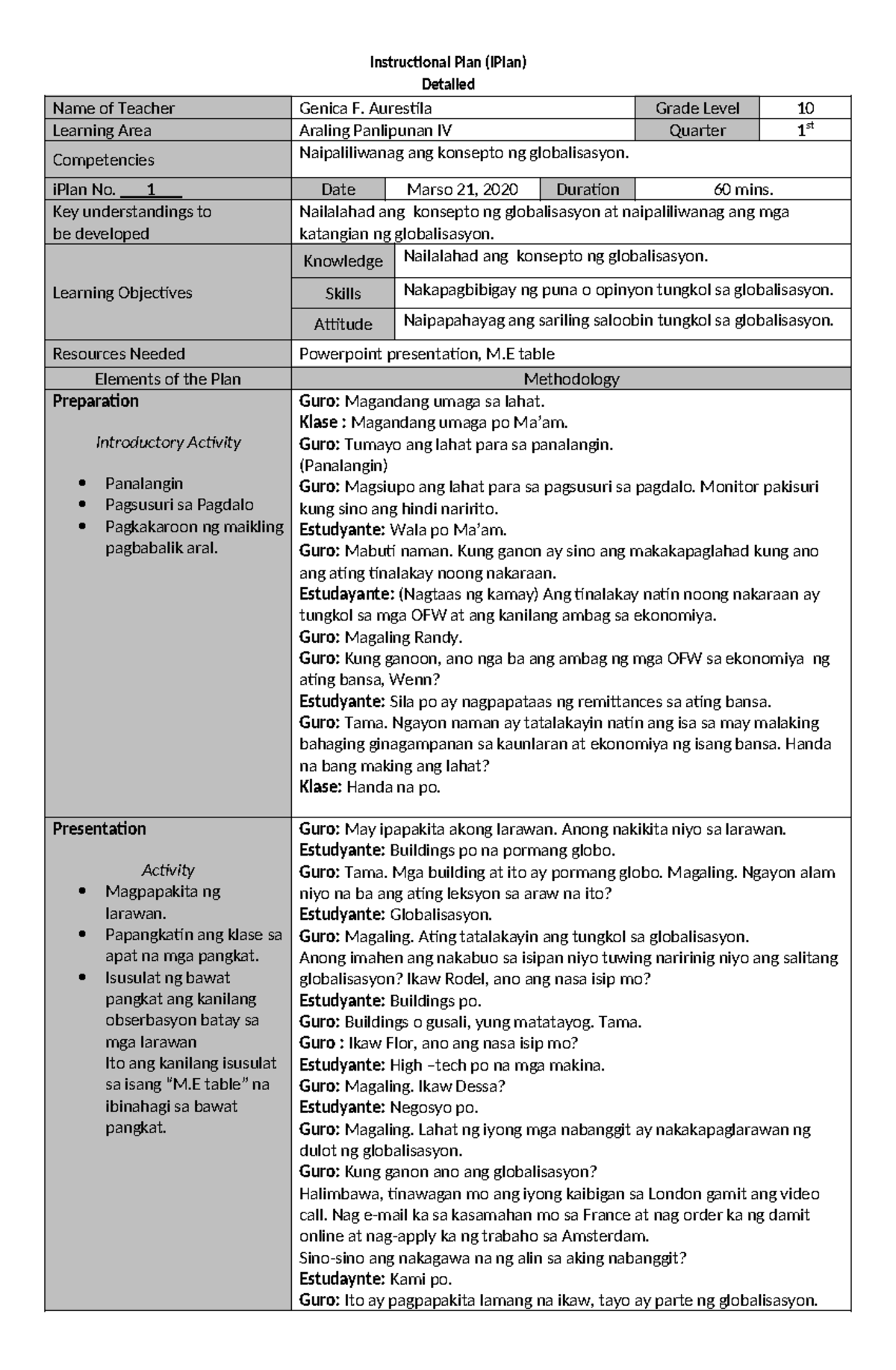 Aurestila, G Iplan Detailed - Instructional Plan (iPlan) Detailed Name ...