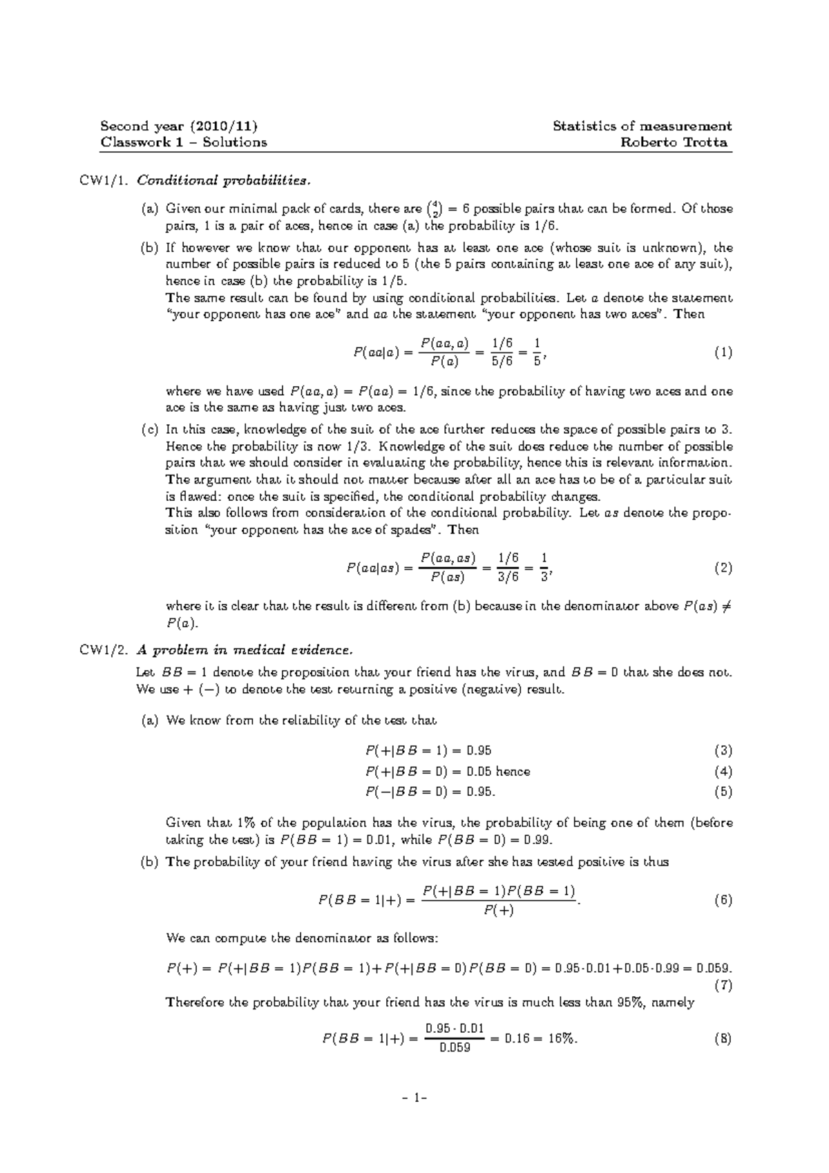 Statistics of Measurement 2011-2012 Classwork 1 - Solutions - Second ...