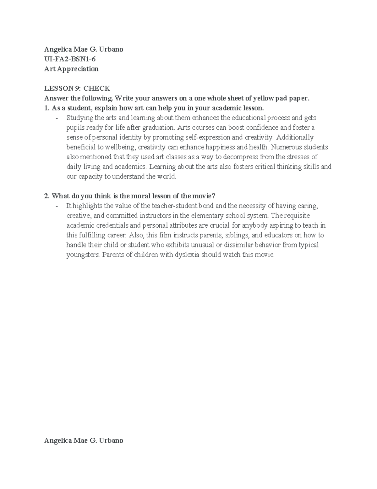 ART Lesson 9 AND 10 - Angelica Mae G. Urbano UI-FA2-BSN1- Art ...