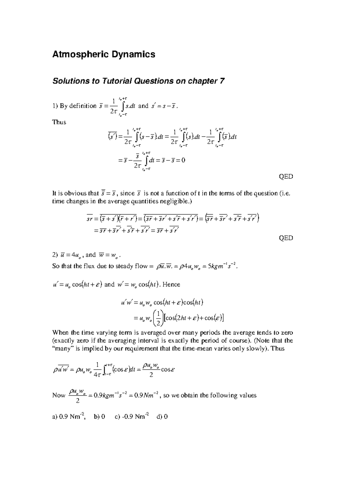 Tutorial 07 Solutions Chapter 07 Atmospheric Dynamics Solutions To Tutorial Questions On