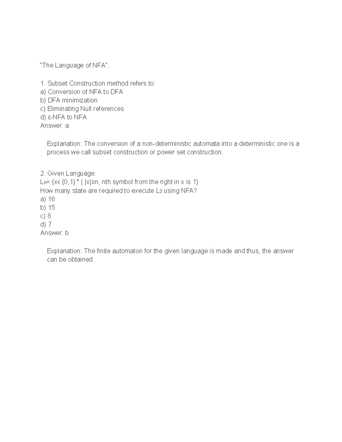 Theory Of Computation 10 The Language Of Nfa” Subset Construction Method Refers To A