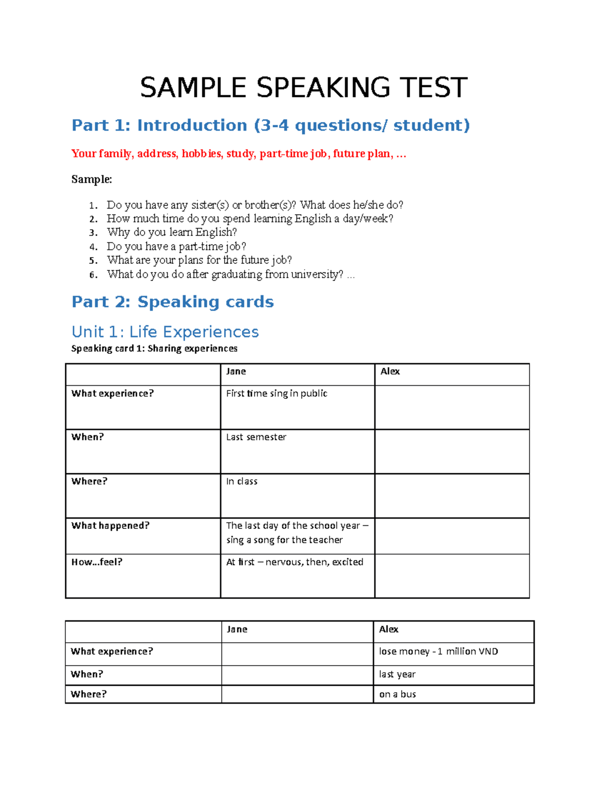 TA3- Speaking Cards AND FREE Talks - SAMPLE SPEAKING TEST Part 1 ...