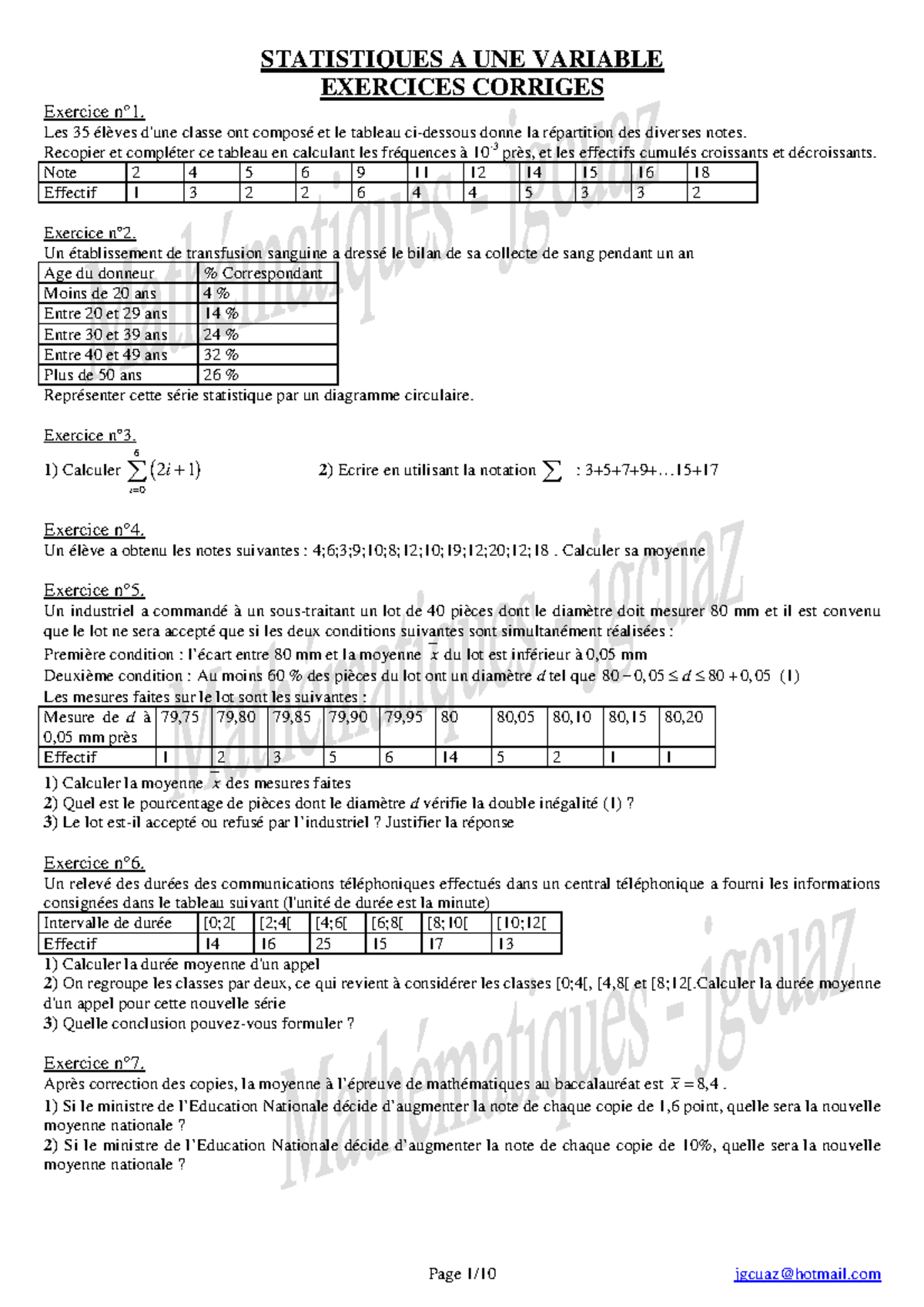 Poly1 exer stat s1 - STATISTIQUES A UNE VARIABLE EXERCICES CORRIGES ...