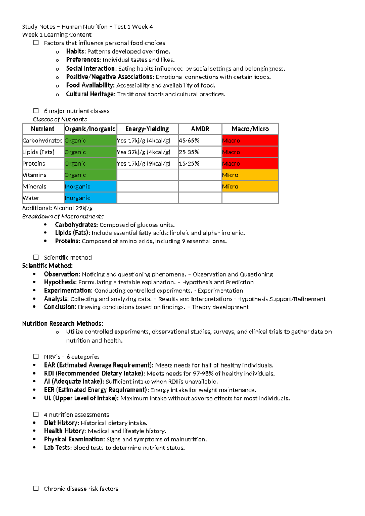 Study Notes - Wk 1-3 - Study Notes – Human Nutrition – Test 1 Week 4 ...