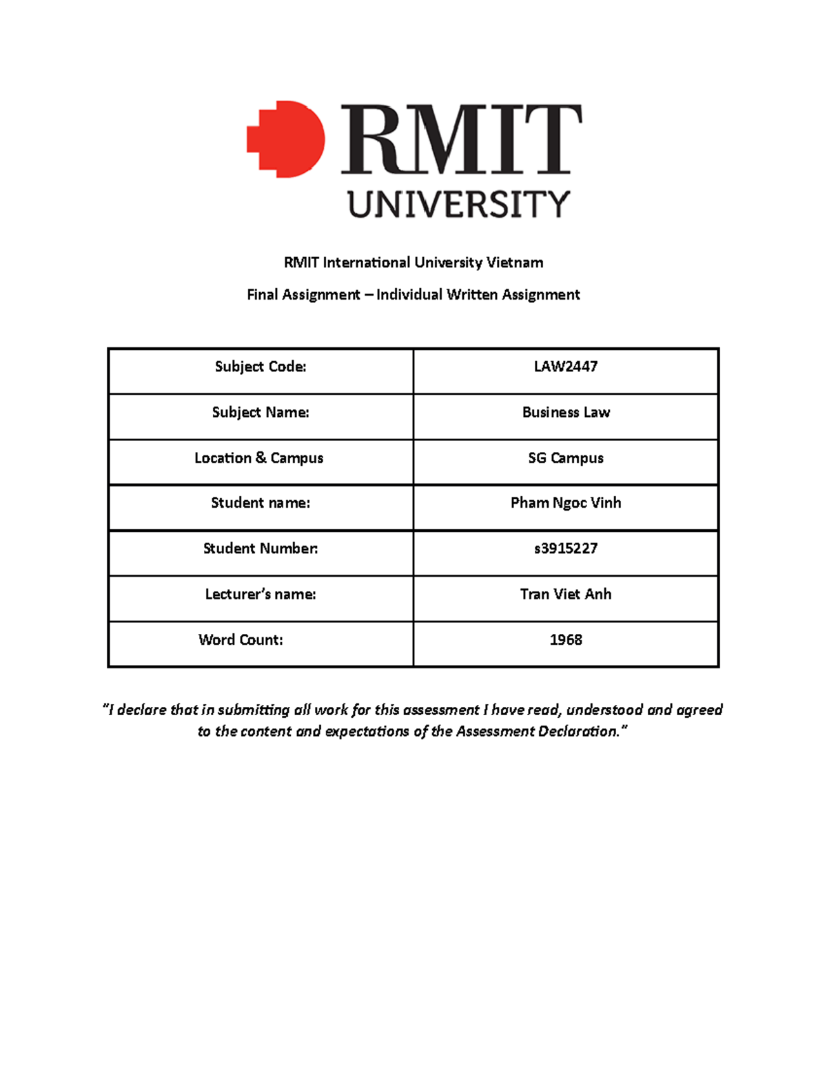 Final Assignment 3 Individual s3915227 Pham Ngoc Vinh Business Law ...