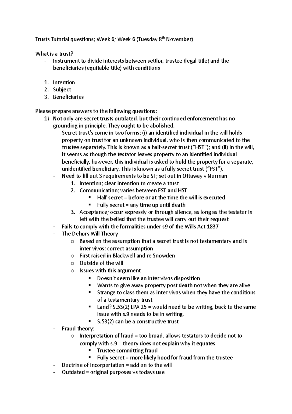 Trusts Tutorial questions 1 - They ought to be abolished. - Secret ...