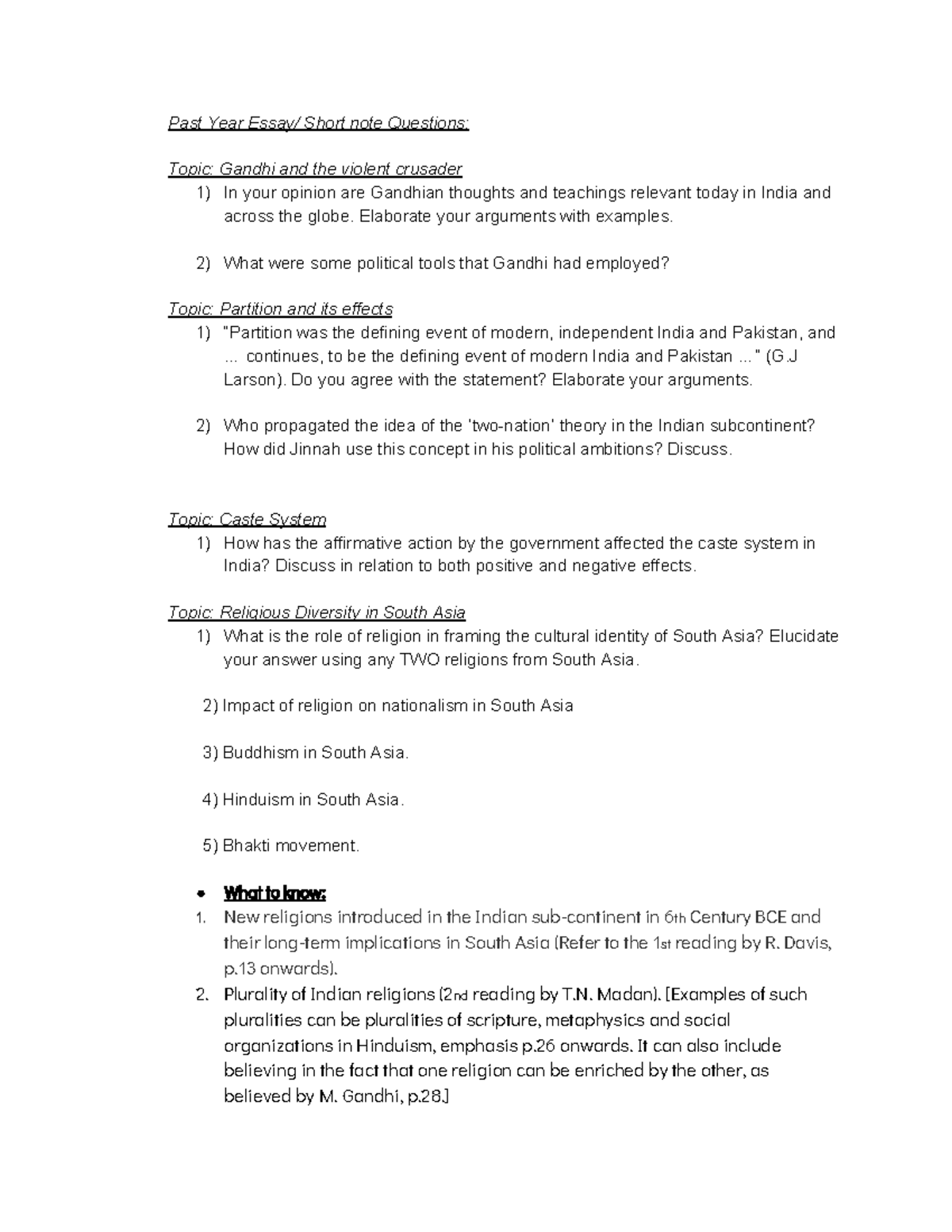 South Asian Studies - Notes consolidated across lectures to aid in your ...