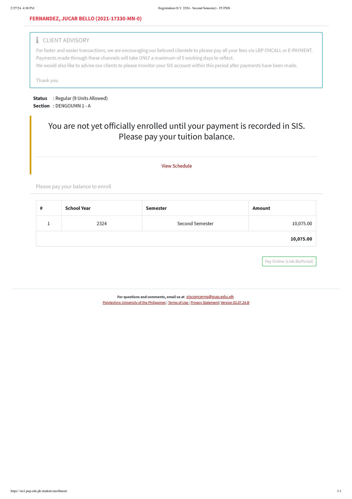 Registration (S.Y. 2324 - Second Semester) - Pupsis - 2/27/24, 4:18 PM ...
