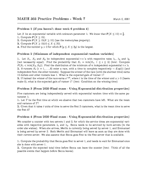 MATH 303 Problems 1 - none - MATH 303 Practice Problems - Week 1 ...