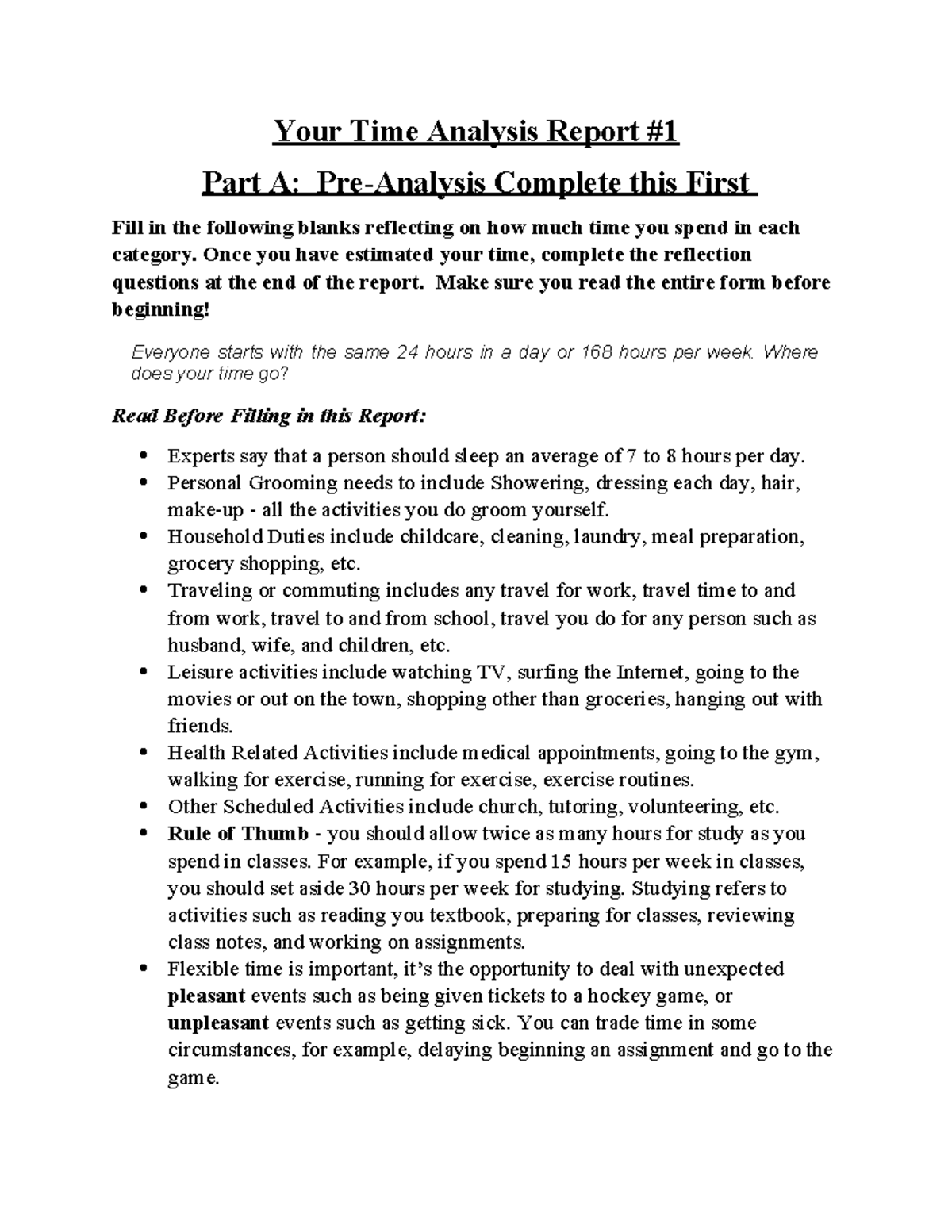 Time Analysis Report Assignment - Your Time Analysis Report Part A: Pre ...