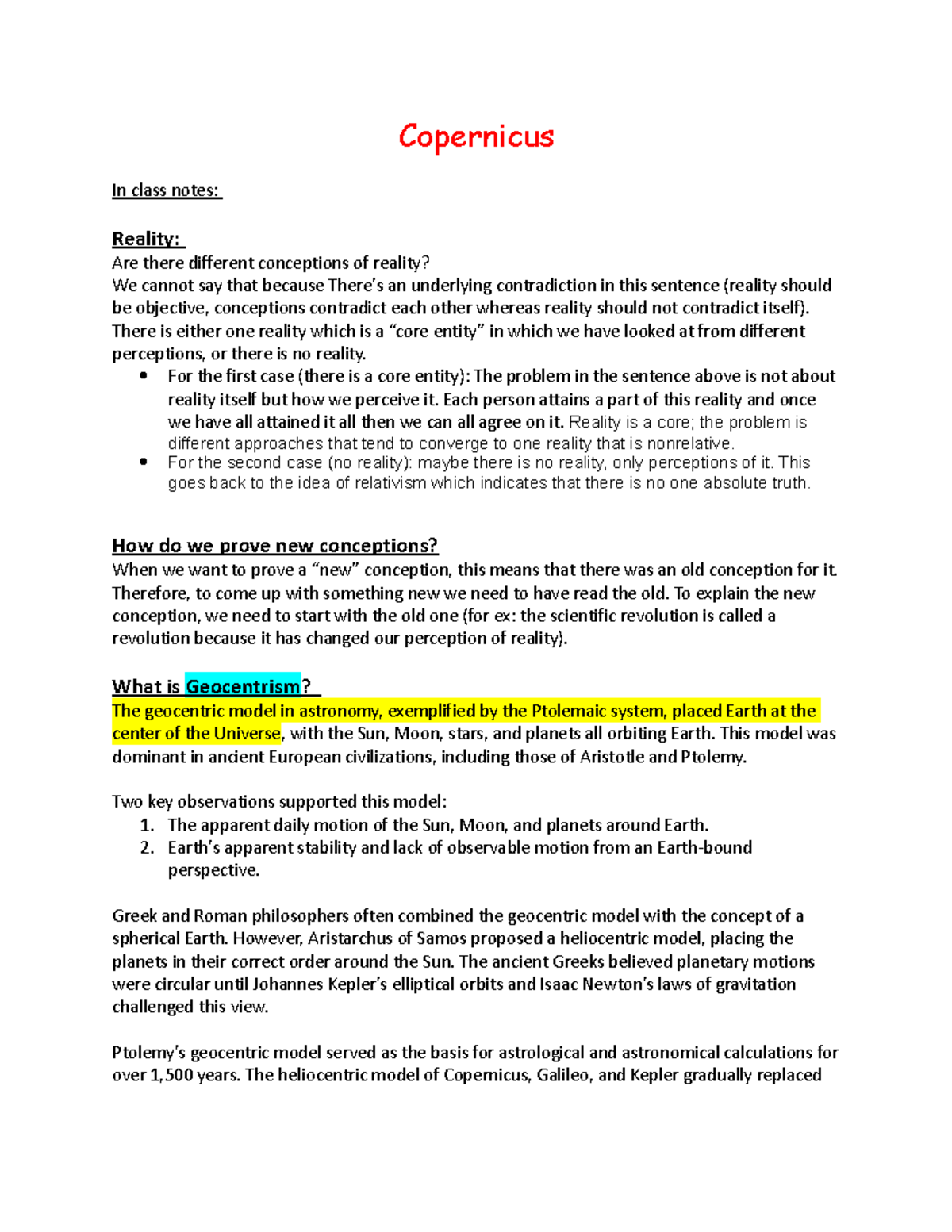 Copernicus - Copernicus In class notes: Reality: Are there different ...