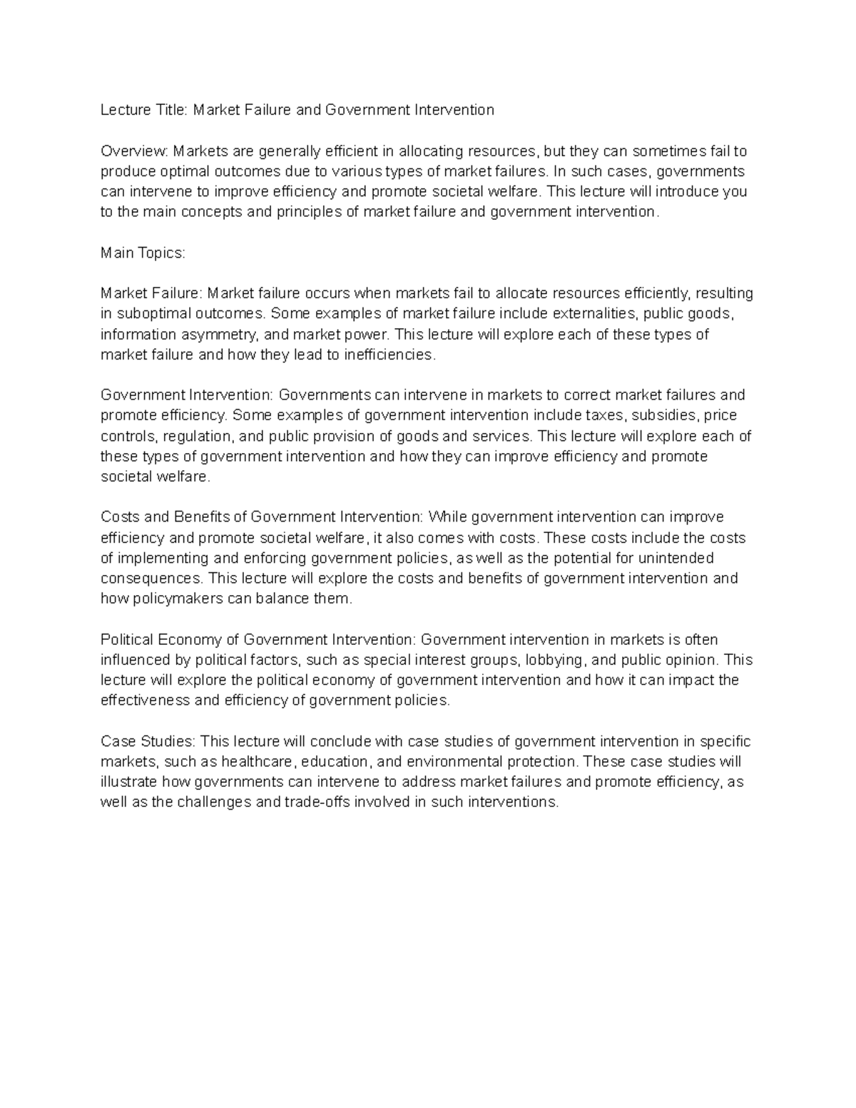 Market Failure and Government Intervention - Lecture Title: Market ...