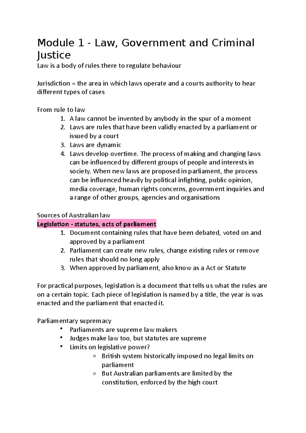 Module 1 - Lecture notes 1 - Module 1 - Law, Government and Criminal ...