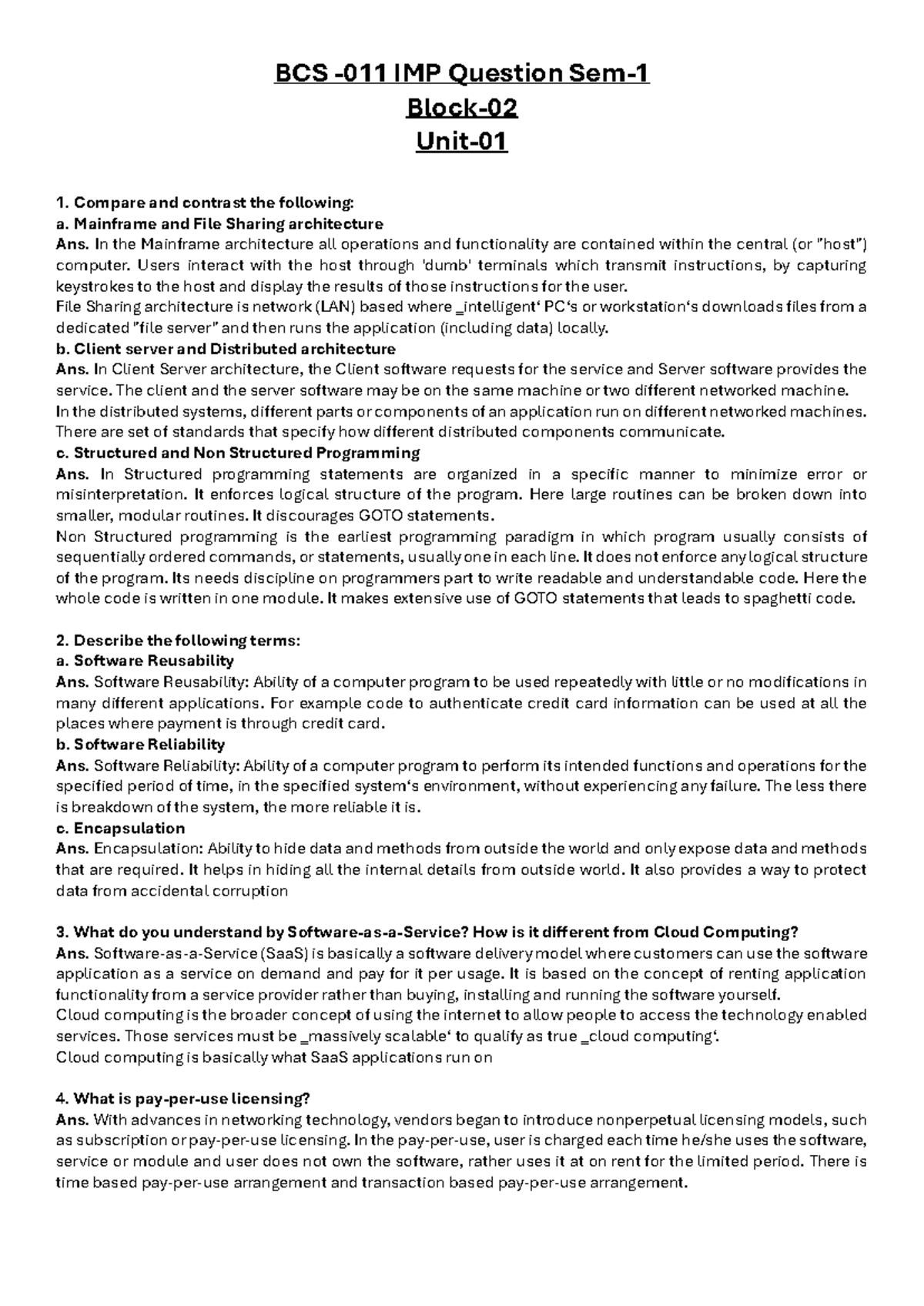 BCS 011 Block-2 - bcs 011 imp questions - BCS - 011 IMP Question Sem- 1 Block- 02 Unit- 01 ...